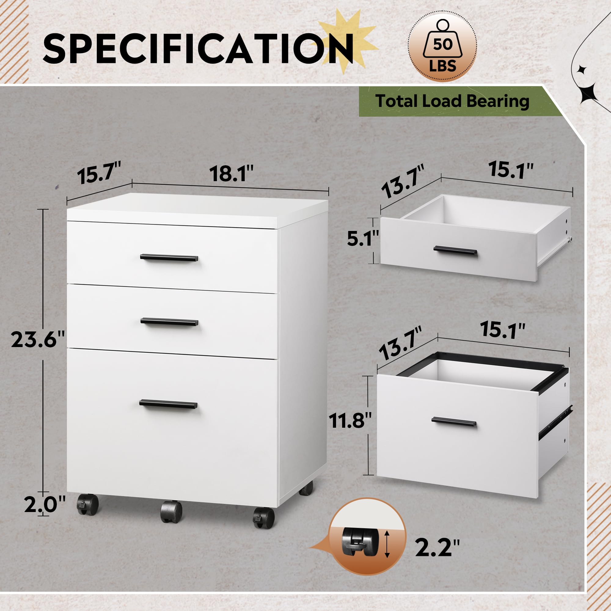 DEVAISE 3 Drawer File Cabinet for Home Office, Wood Under Desk Filing Cabinet, Rolling Printer Stand with Wheels, White
