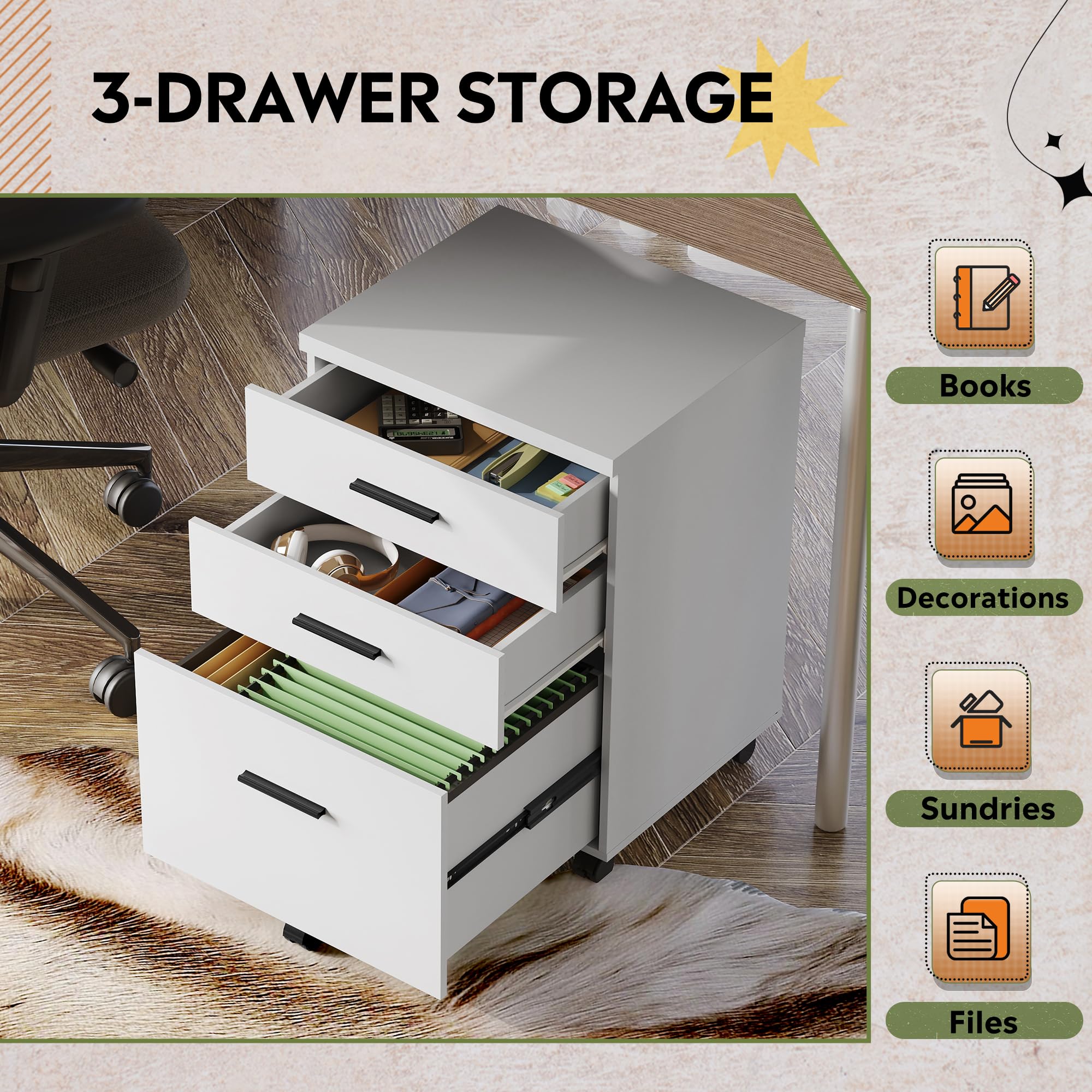 DEVAISE 3 Drawer File Cabinet for Home Office, Wood Under Desk Filing Cabinet, Rolling Printer Stand with Wheels, White