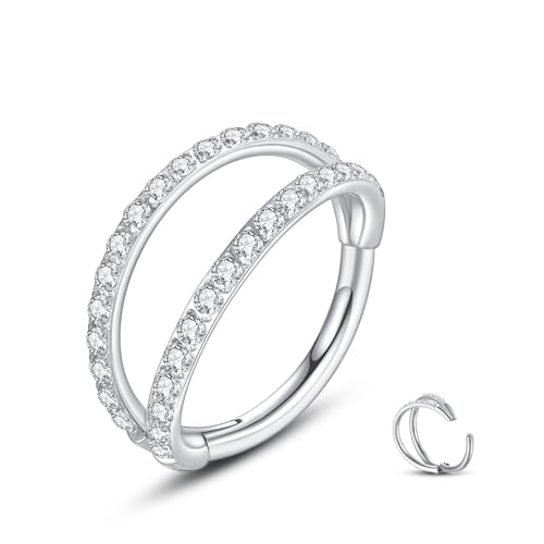 Yaoyaoyors 14G(1.6MM) Silver 10mm Hinged Nose Ring Hoop Double Open Ring Diamonds Septum Piercing Jewelry Cartilage Earrings Stainless Steel Helix Daith Lip Ring with Shiny Clear CZ
