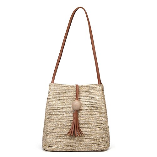 QZUnique Straw Handbags Women's Summer Straw Bucket Tote Bag Straw Woven Handbag Tassel Shoulder Bag Purse