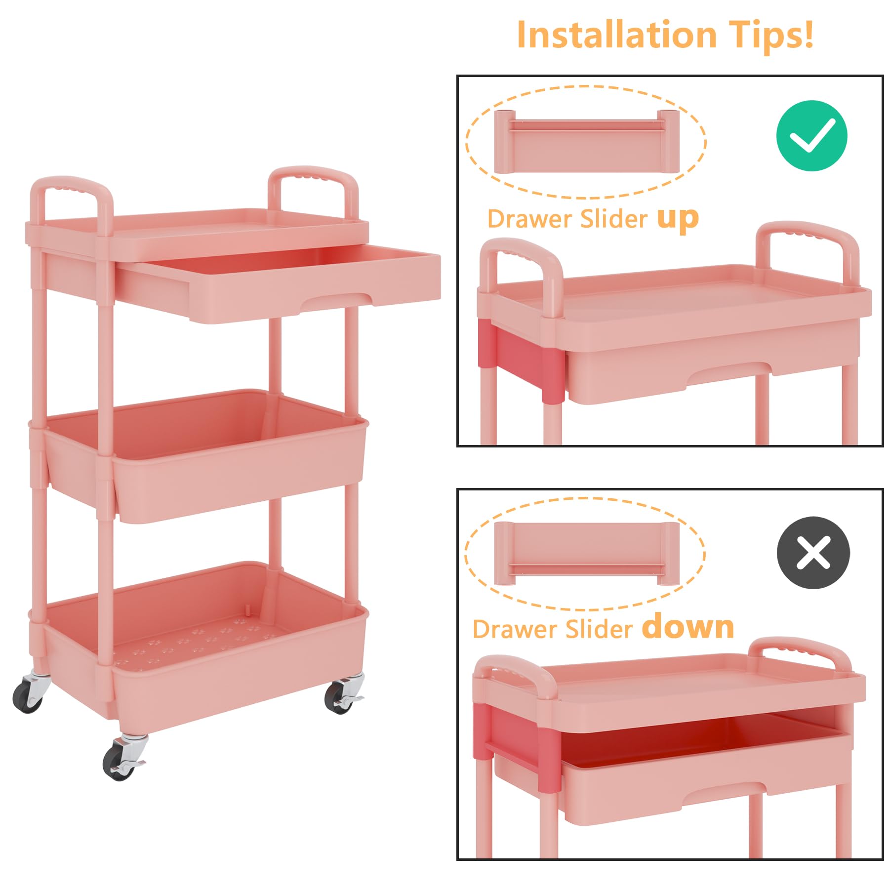 Calmootey 3-Tier Rolling Utility Cart with Drawer,Multifunctional Storage Organizer with Plastic Shelf & Metal Wheel,Storage Cart for Kitchen,Bathroom,Living Room,Office,Pink