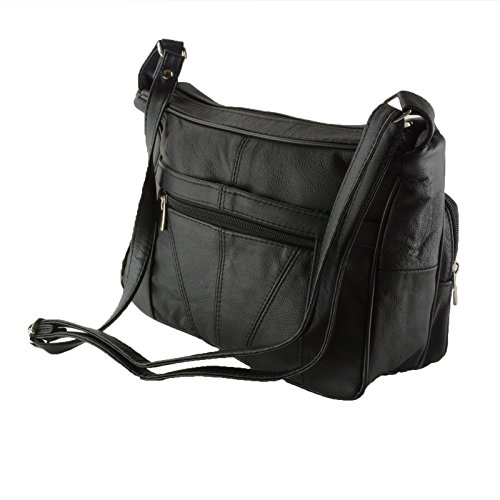 Women's Genuine Leather Cross Body Shoulder Strap Organizer Purse Black