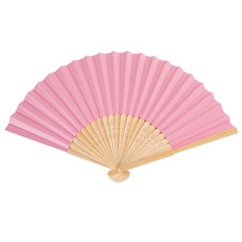 Sepwedd 50pcs Pink Paper Hand Fan White Bamboo Folding Fan Handheld Fans Paper Folded Fan for Wedding Party and Home Decoration