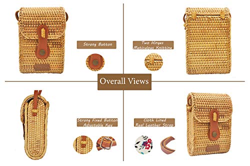 HAANCRAFTS HAAN Women Cellphone Handwoven Wicker Crossbody Wallet Boho Purse Oval Rattan Bag For Summer Beach - Natural Stylish & Chic β Shoulder Real Leather Adjustable Strap