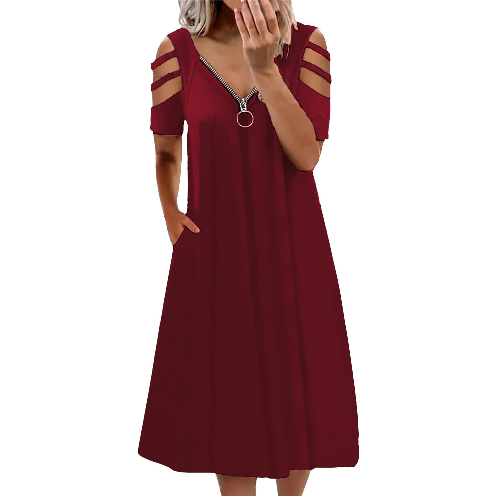 Office Dresses for Women for Work Women's V Neck Sexy Solid Color Zipper Hollow Short Sleeve Dressl Sundress Midi Dress