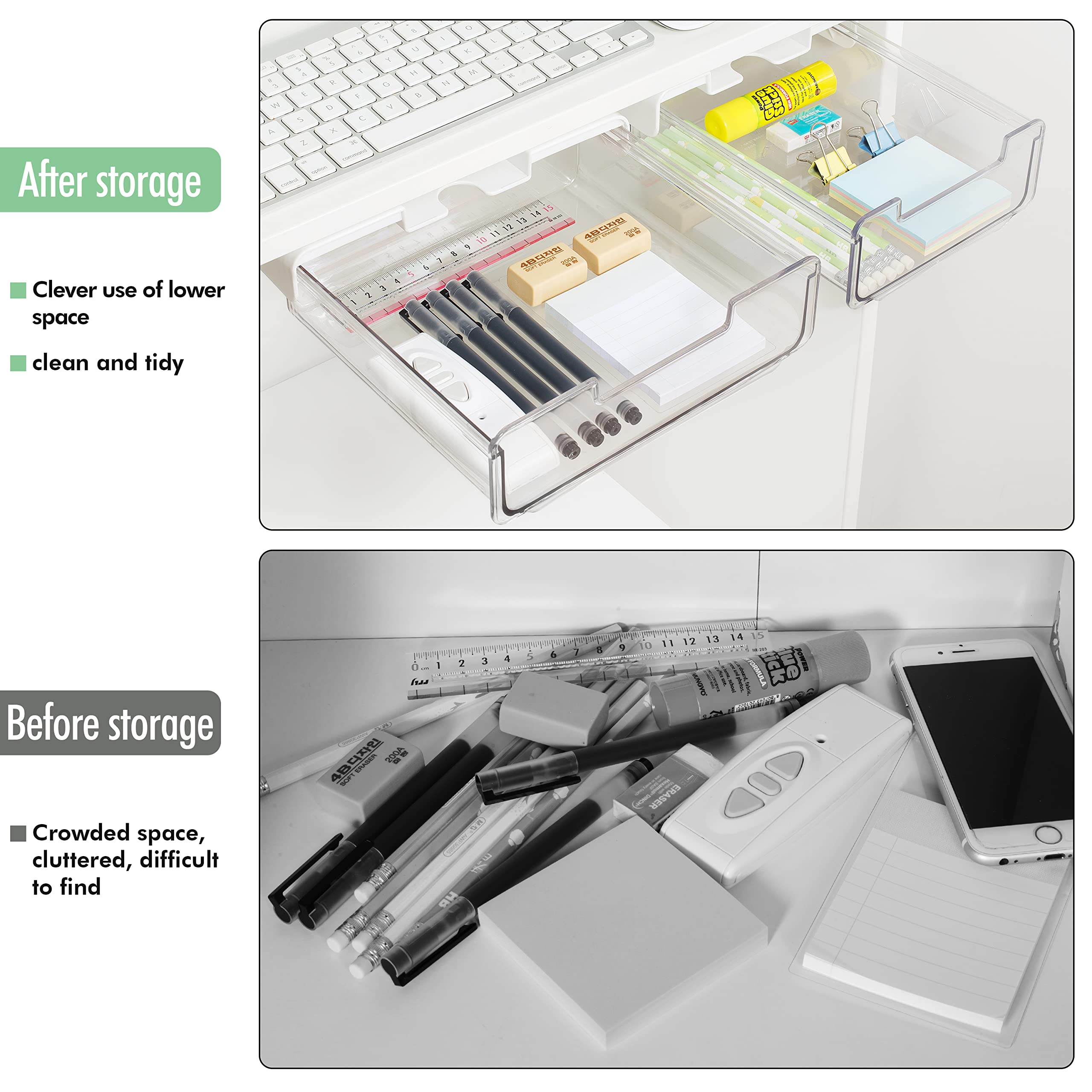 2 Pack Adhesive Under Desk Drawer Organizer Slide Out Attachment, Attachable Clear Acrylic Hidden Shelf Storage With Phone Stand, Add A Mounted Pull Out Tray For Cabinet, Table, Counter - Plastic