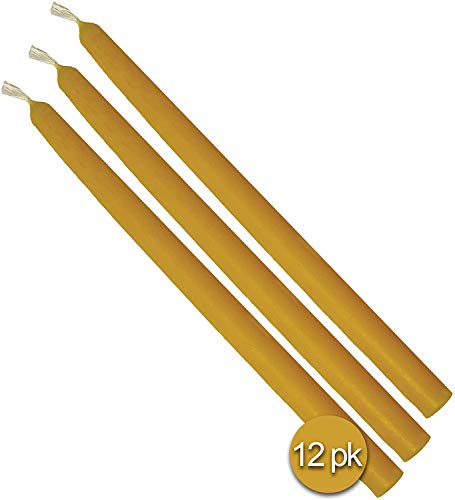 Hyoola 9 Inch Beeswax Taper Candles 12 Pack β Handmade, All Natural, 100% Pure Unscented Bee Wax Candle - Tall, Decorative, Golden Yellow β 5 Hour Burn Time