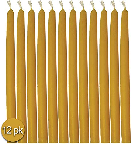 Hyoola 9 Inch Beeswax Taper Candles 12 Pack β Handmade, All Natural, 100% Pure Unscented Bee Wax Candle - Tall, Decorative, Golden Yellow β 5 Hour Burn Time