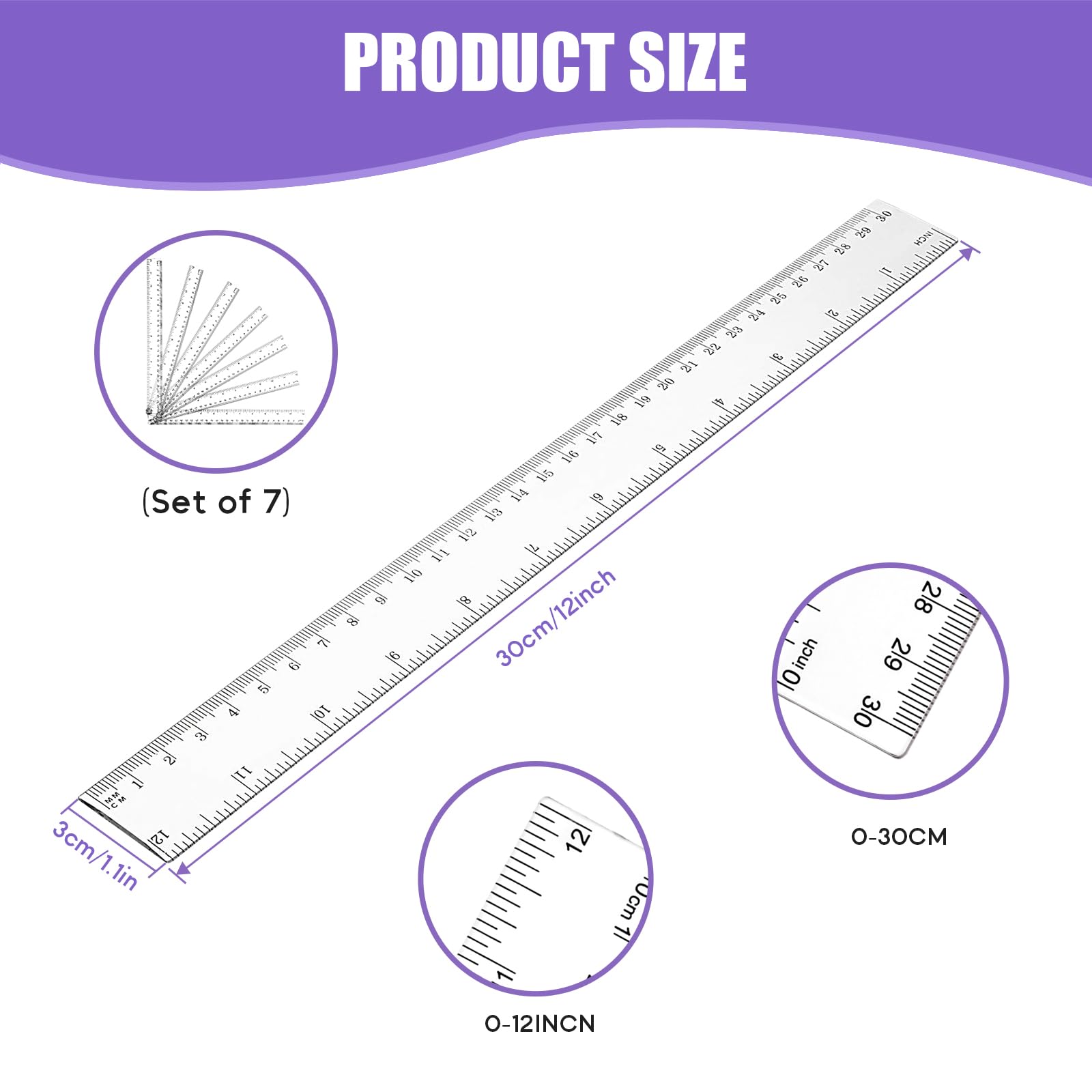FeFu 7 Pack Clear Plastic 12 Inch Ruler, Dual Scale Inches and Centimeters, Injection Molded