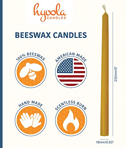 Hyoola 9 Inch Beeswax Taper Candles 12 Pack β Handmade, All Natural, 100% Pure Unscented Bee Wax Candle - Tall, Decorative, Golden Yellow β 5 Hour Burn Time