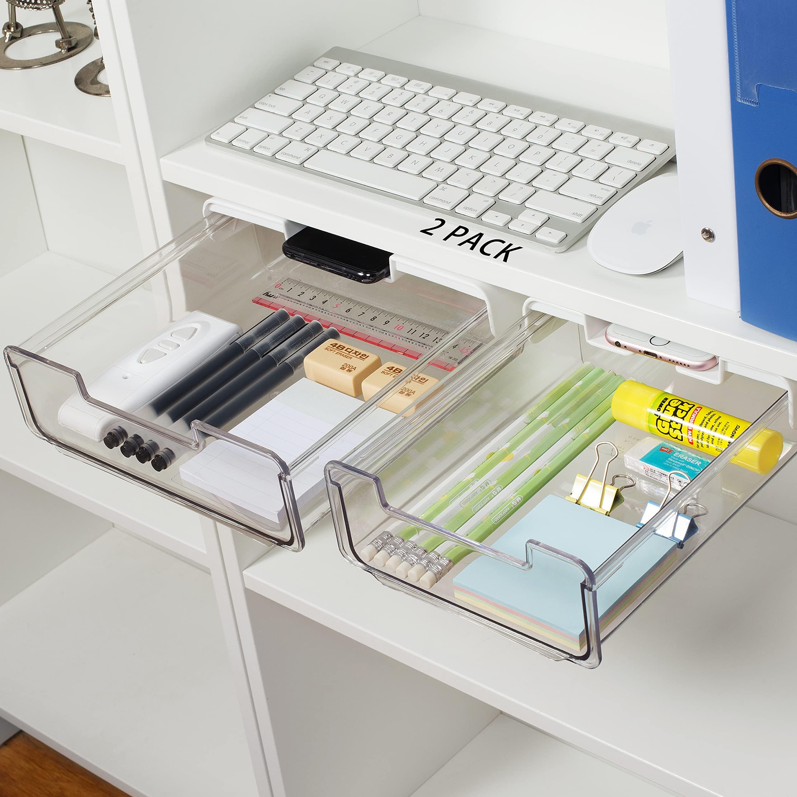 2 Pack Adhesive Under Desk Drawer Organizer Slide Out Attachment, Attachable Clear Acrylic Hidden Shelf Storage With Phone Stand, Add A Mounted Pull Out Tray For Cabinet, Table, Counter - Plastic