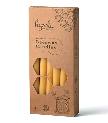 Hyoola 9 Inch Beeswax Taper Candles 12 Pack β Handmade, All Natural, 100% Pure Unscented Bee Wax Candle - Tall, Decorative, Golden Yellow β 5 Hour Burn Time