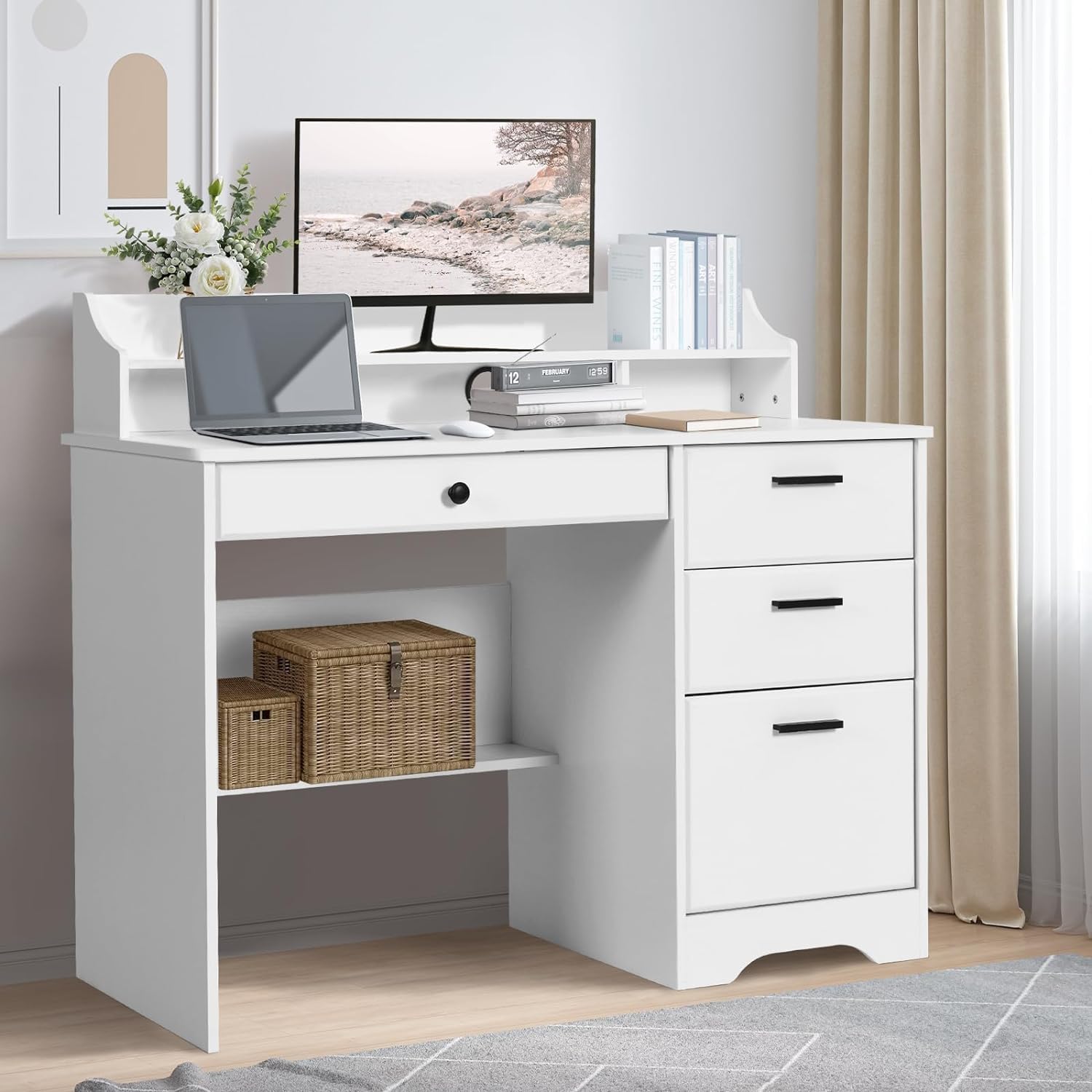 White Computer Desk with 4 Drawers, Modern Small White Desk with Large Storage Space & Hutch, Home Office Desk for Bedroom Small Spaces, White