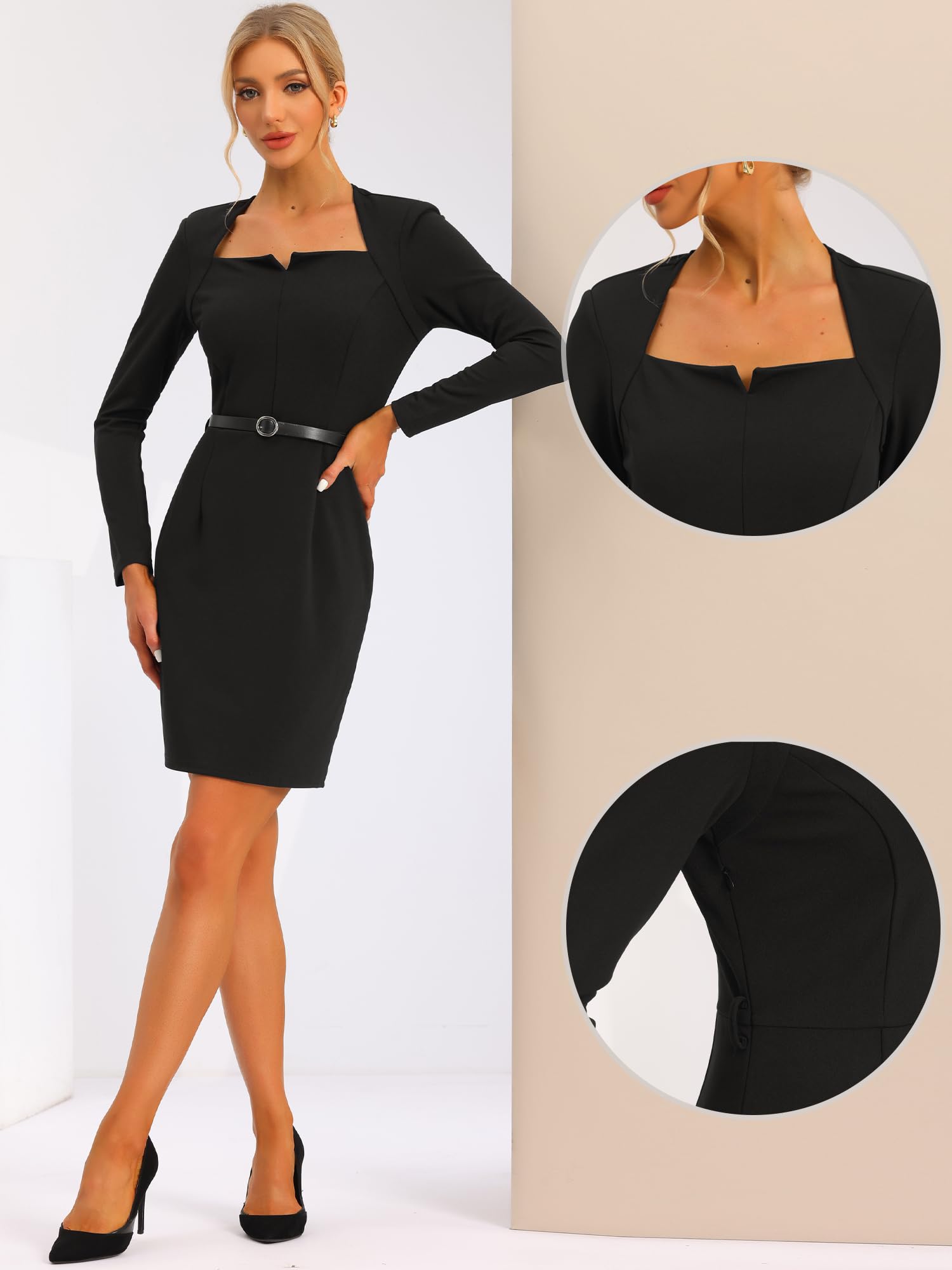 Allegra K Elegant Office Dress for Women's Belted Square Neck Bodycon Dress Large Black