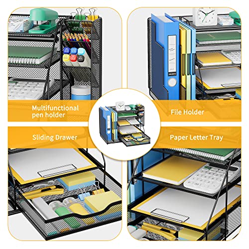 VIVSOL Black 5-Tier Desk Organizer with Pen Holder, Mesh File Folder Holders, Sliding Drawers for Office, School, Home