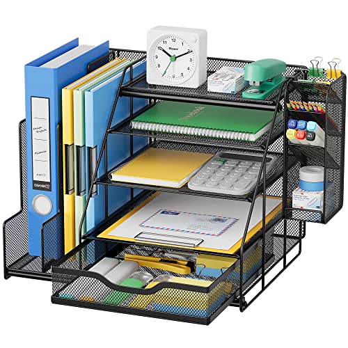 VIVSOL Black 5-Tier Desk Organizer with Pen Holder, Mesh File Folder Holders, Sliding Drawers for Office, School, Home