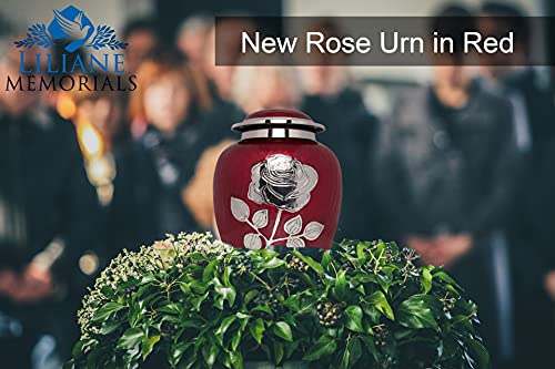 Silver Rose Cremation Urn - Funeral Urn with Large Flower on Red Enamel - Burial Urn for Human Ashes Adult Size - 100% Brass