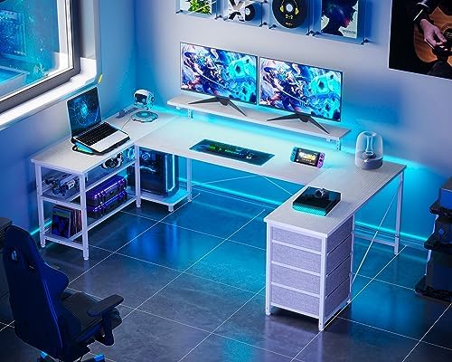 ODK U Shaped Desk with Power Outlets & LED Strip & Monitor Stand, 66" Reversible L Shaped Desk with Drawers and Storage Shelf, Home Office Gaming Desk, Grey Oak