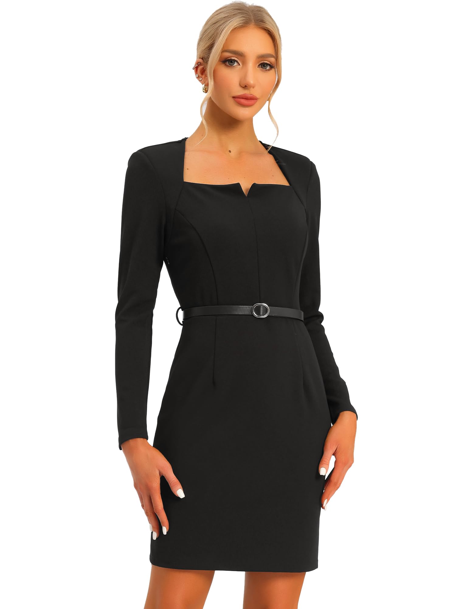 Allegra K Elegant Office Dress for Women's Belted Square Neck Bodycon Dress Large Black