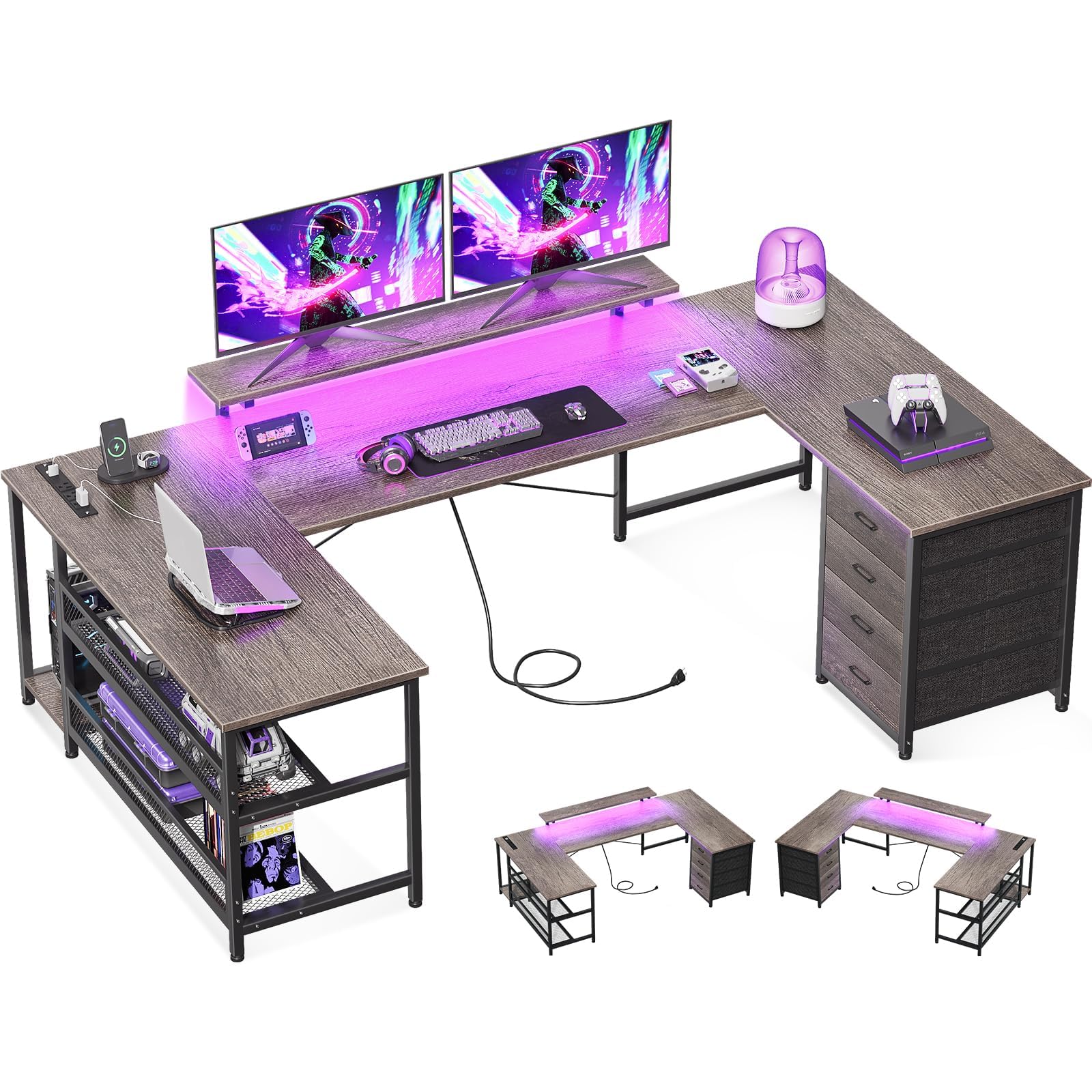 ODK U Shaped Desk with Power Outlets & LED Strip & Monitor Stand, 66" Reversible L Shaped Desk with Drawers and Storage Shelf, Home Office Gaming Desk, Grey Oak