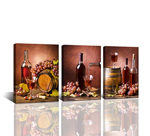 Baisuwallart-3 Pieces Kitchen Wall Decor Red Wine Cups HD Modern Framed Wall Art Drink Food and Beverage Restaurant Canvas Prints Pictures Paintings Wine Glass Barrel for Dining Room