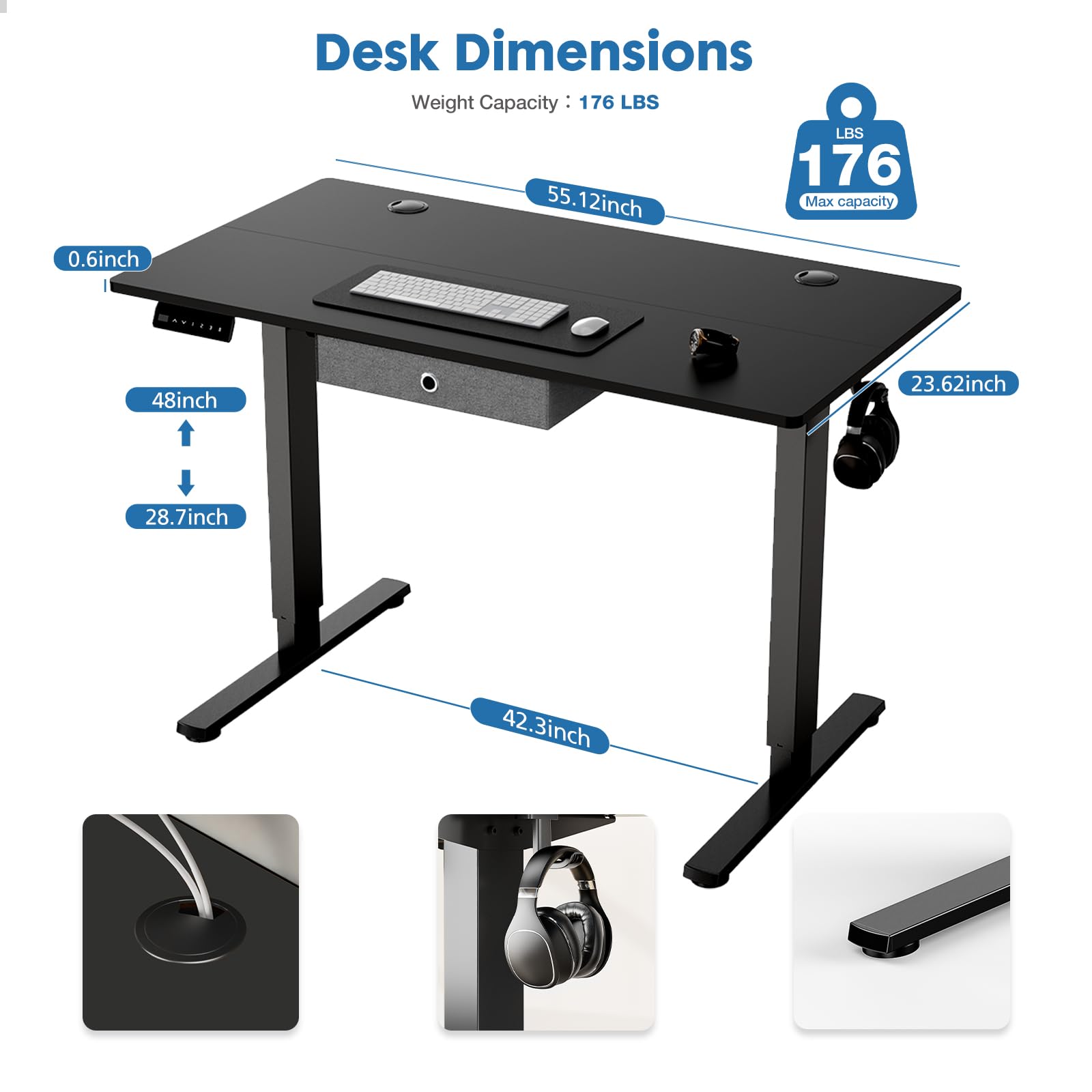 DUMOS 55 Inch Standing Desk Home Office Computer Workstation, Black
