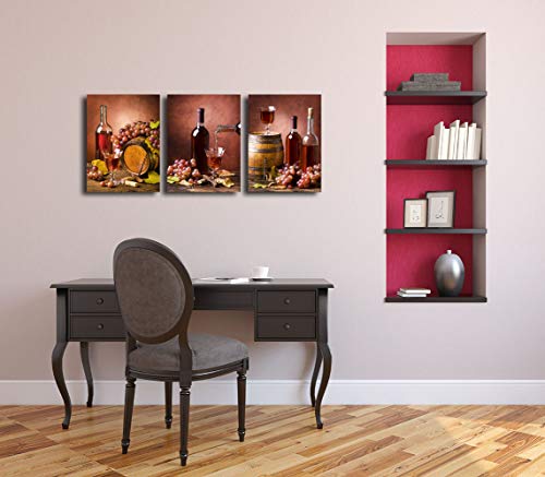 Baisuwallart-3 Pieces Kitchen Wall Decor Red Wine Cups HD Modern Framed Wall Art Drink Food and Beverage Restaurant Canvas Prints Pictures Paintings Wine Glass Barrel for Dining Room