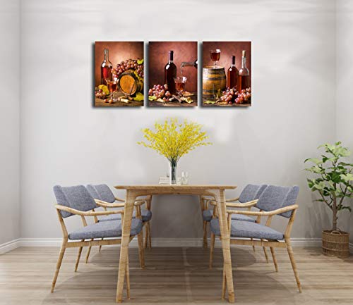 Baisuwallart-3 Pieces Kitchen Wall Decor Red Wine Cups HD Modern Framed Wall Art Drink Food and Beverage Restaurant Canvas Prints Pictures Paintings Wine Glass Barrel for Dining Room