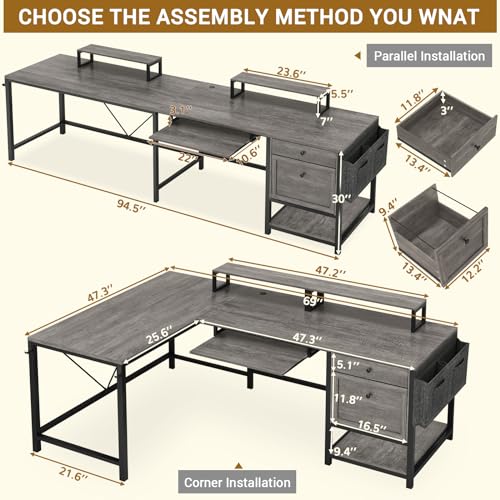 SEDETA 69" L Shaped Desk with Drawers, Convertible Corner Desk to Long Office Desk, Computer Desk with File Drawers for Home Office, Gaming Desk with LED Lights, Grey