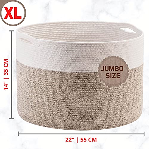 MINTWOOD Design Extra Large 22 x14 Inches Decorative Woven Cotton Rope Basket, Laundry Basket, Blanket Basket, Baby and Dog Toy Storage Baskets Bin, Kid Laundry Hamper, Towel Basket, Light Brown