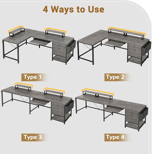 SEDETA 69" L Shaped Desk with Drawers, Convertible Corner Desk to Long Office Desk, Computer Desk with File Drawers for Home Office, Gaming Desk with LED Lights, Grey