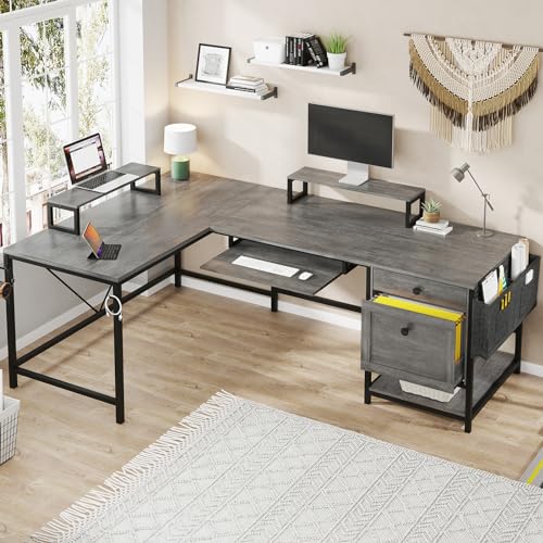 SEDETA 69" L Shaped Desk with Drawers, Convertible Corner Desk to Long Office Desk, Computer Desk with File Drawers for Home Office, Gaming Desk with LED Lights, Grey