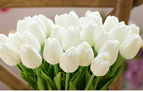 HoveBeaty Artificial Tulips Bridal Wedding Festival Decor Bouquet Real Touch PU Flower Bouquet Pack of 20 (White)