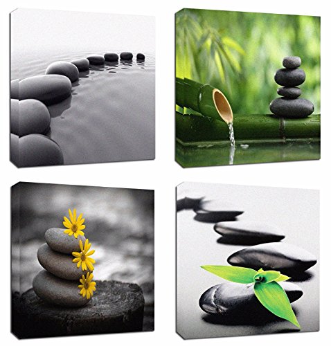 4Pcs 12x12 Canvas Wood Stretched Zen Stone Garden Rocks Spa Bamboo Fountain Japan Yoga Theme Pink Frame Landscape Abstract Modern Art For Home Room Office Wall Print Decor 12x12" inch (30x30cm