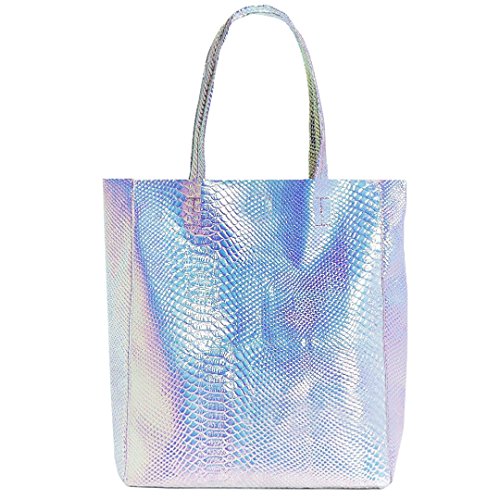 Mily Hologram Tote Bag Laser PU Shoulder Bag, Silver Snakeskin, Size One Size