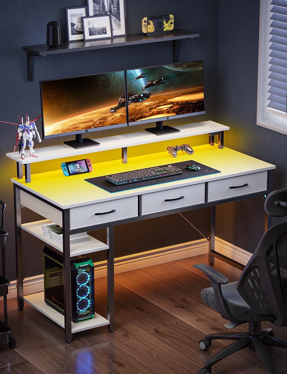 Rolanstar Computer Desk with Power Outlets & LED Light, 47 inch Home Office Desk with Drawers and Storage Shelves, Writing Desk with Monitor Stand, Modern Work Study Desk for Home Office, White