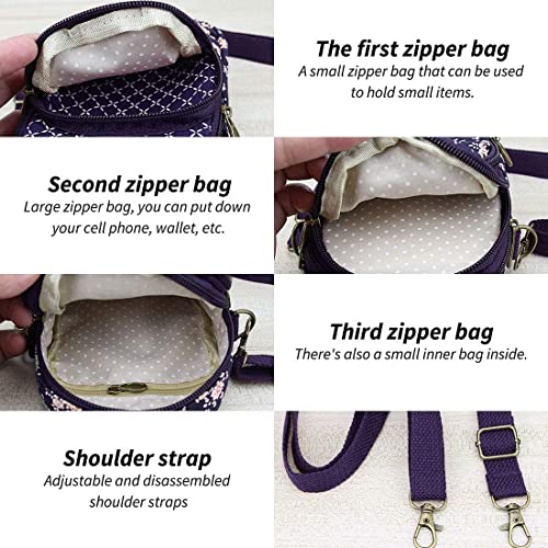 WITERY Canvas Multi-Pockets Cell Phone Purse- Cute Floral Small Crossbody Bag with Adjustable Shoulder Strap, Zipper Smartphone Wallet for Women Girls