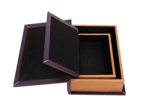 WaaHome Faux Book Box Antique Wooden Leather Jewelry Keepsake Boxes Set with Floral Decoration,Set of 2