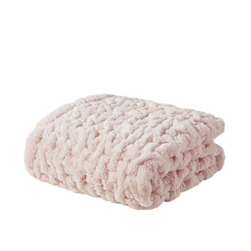 Madison Park Ruched Luxury Throw Premium Soft Cozy Brushed Long Faux Fur For Bed, Couch or Sofa, 50"x60", Blush