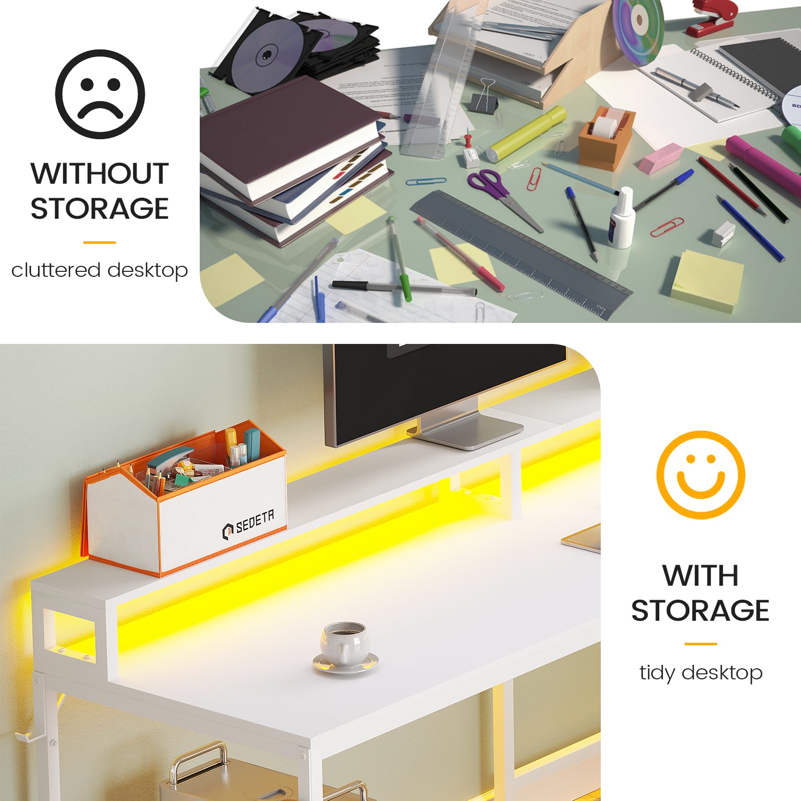 SEDETA White L Shaped Gaming Desk, 66" Home Office Desk with File Drawer, Power Outlet and Led Lights, Corner Computer Desk with Monitor Shelf, Printer Storage Shelves, for Two Person