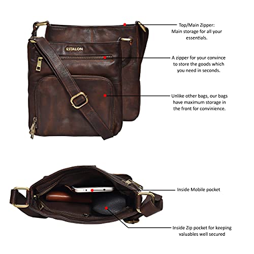 ESTALON Leather Crossbody Purses for women travel bags small shoulder bag crossover Bag for women (Coffee)