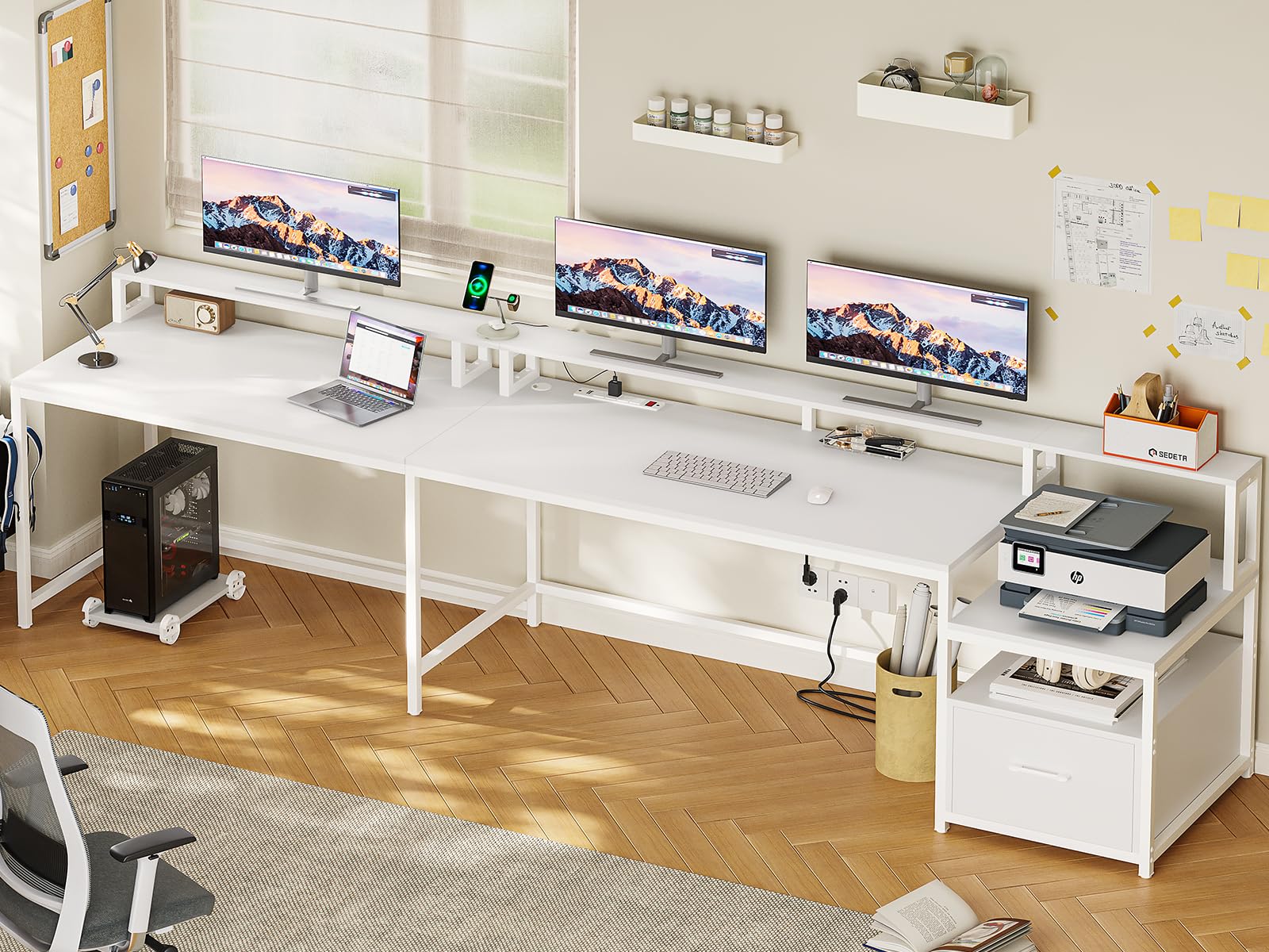 SEDETA White L Shaped Gaming Desk, 66" Home Office Desk with File Drawer, Power Outlet and Led Lights, Corner Computer Desk with Monitor Shelf, Printer Storage Shelves, for Two Person