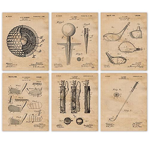 Vintage Golfing Patent Prints, 6 (8x10) Unframed Photos, Wall Art Decor Gifts Under 25 for Home Office Garage Shop Man Cave College Student Teacher Coach Masters Golf Sports Championship Fan