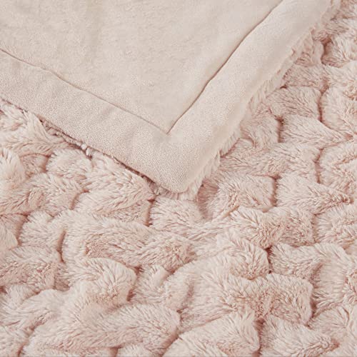 Madison Park Ruched Luxury Throw Premium Soft Cozy Brushed Long Faux Fur For Bed, Couch or Sofa, 50"x60", Blush