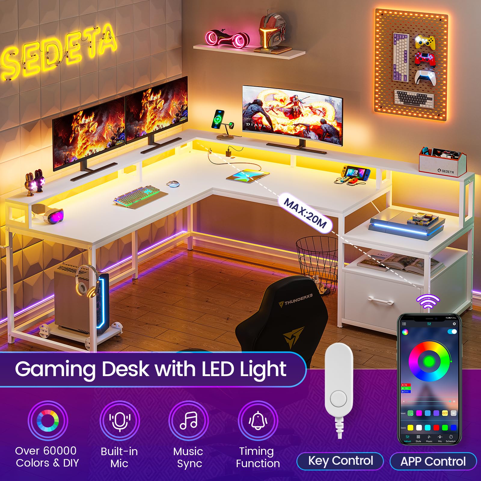 SEDETA White L Shaped Gaming Desk, 66" Home Office Desk with File Drawer, Power Outlet and Led Lights, Corner Computer Desk with Monitor Shelf, Printer Storage Shelves, for Two Person