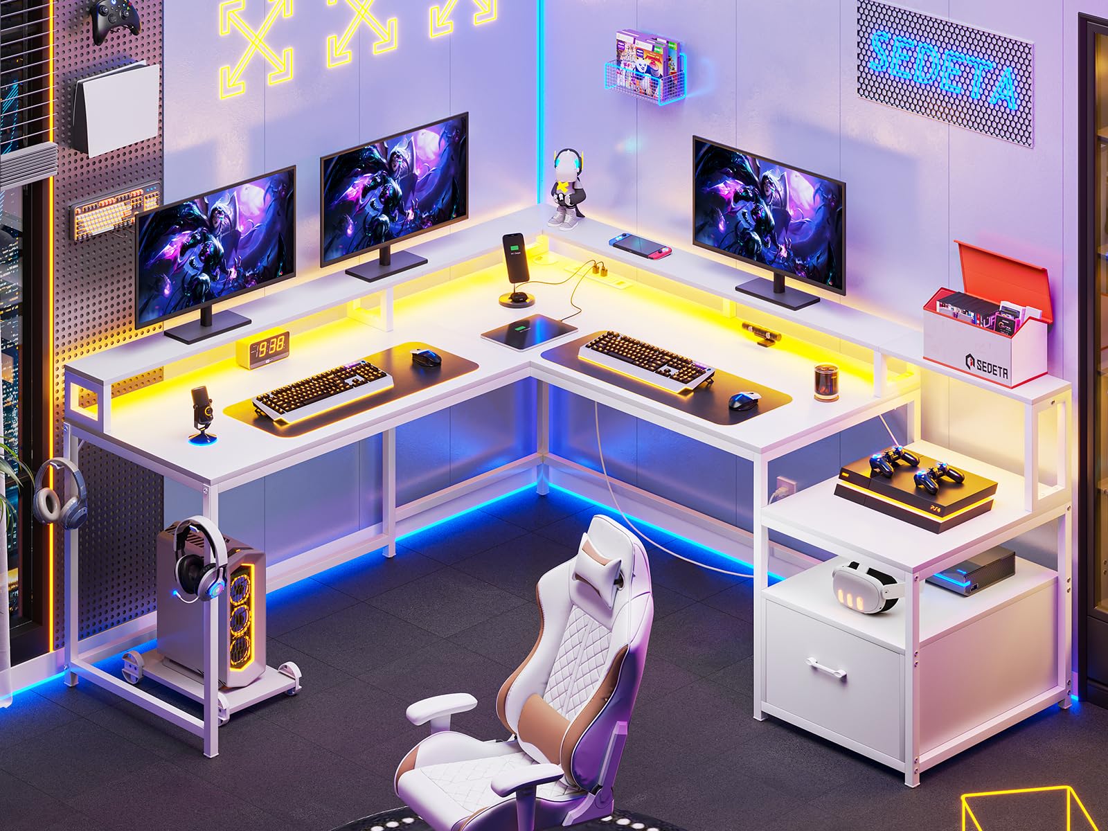 SEDETA White L Shaped Gaming Desk, 66" Home Office Desk with File Drawer, Power Outlet and Led Lights, Corner Computer Desk with Monitor Shelf, Printer Storage Shelves, for Two Person