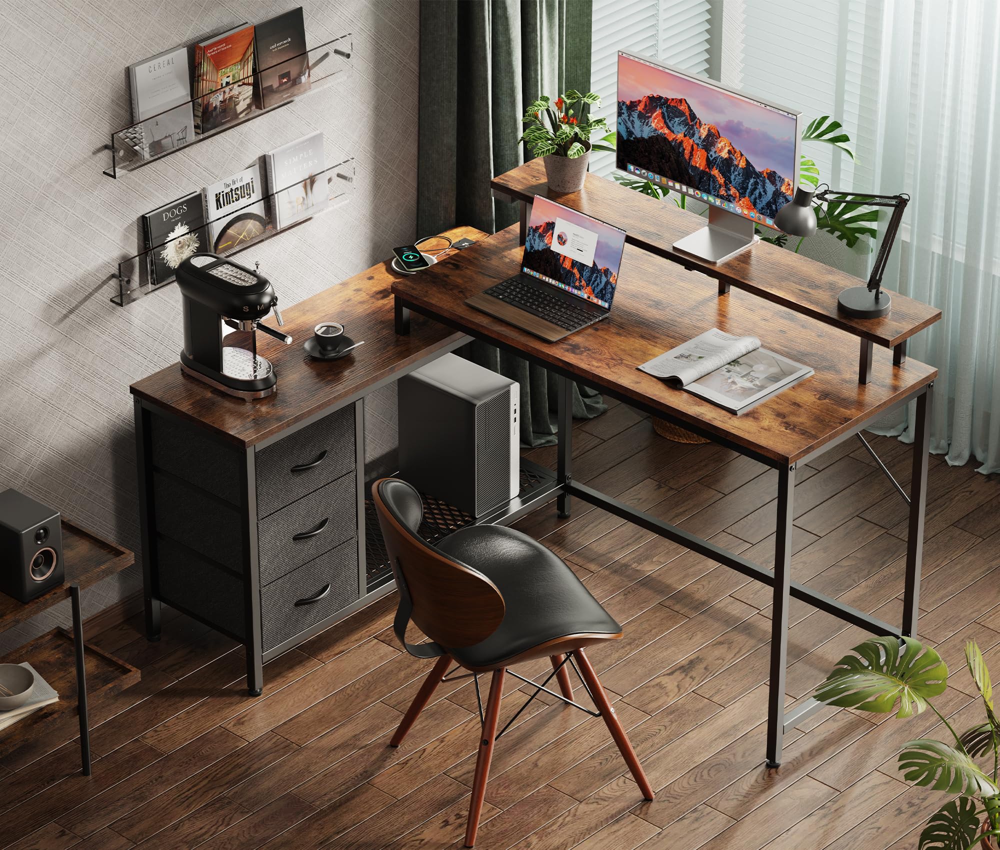 Huuger Reversible L Shaped Computer Desk with Drawers, Gaming Desk with LED Lights and Power Outlets, Office Desk with Storage, Corner Desk with Monitor Stand, for Home & Office, Rustic Brown