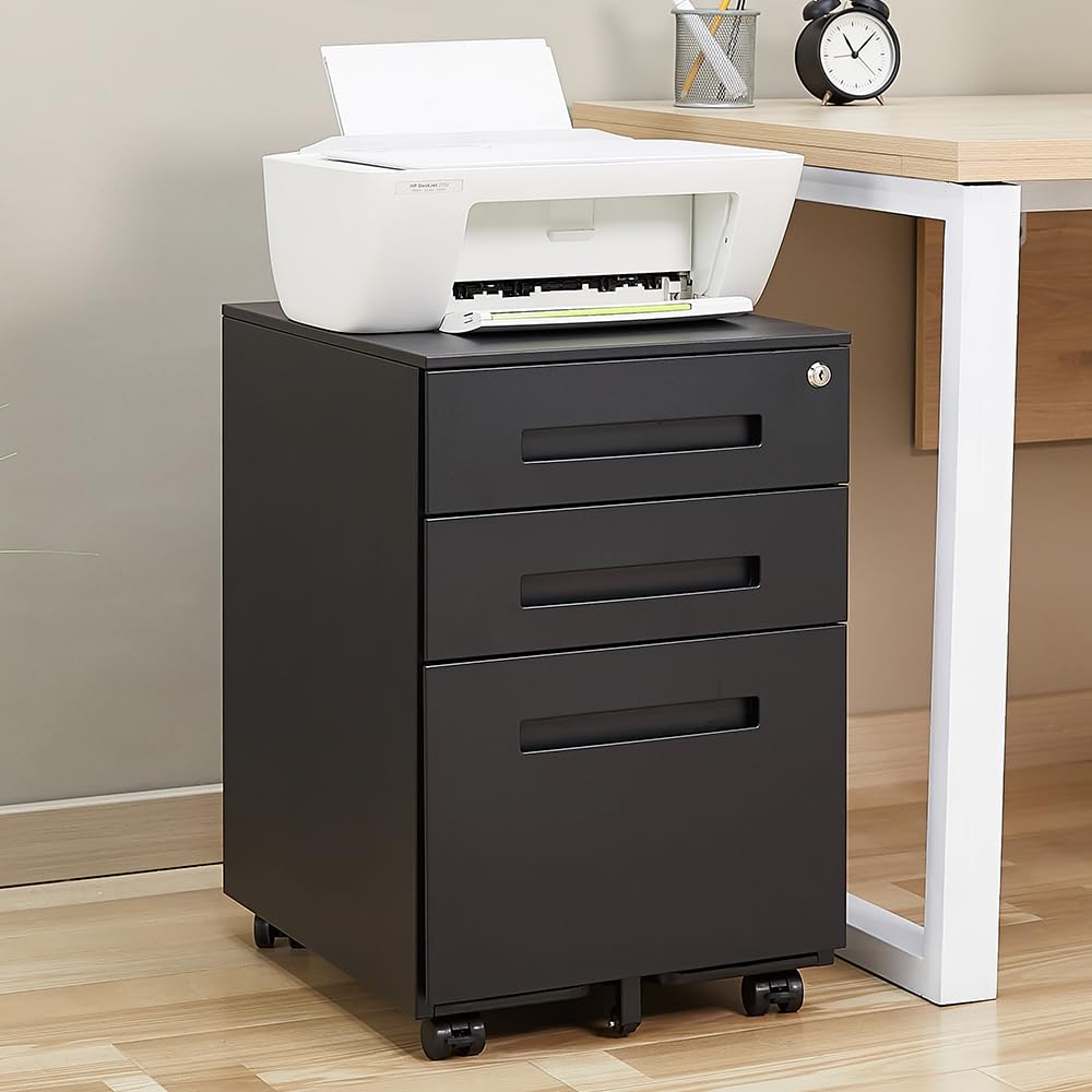 Gustonhon 3-Drawer Mobile File Cabinets Rolling Metal Filing Cabinet for Legal & Letter File Anti-tilt Design with Lock Under Desk Office Drawers Fully Assembled Except Casters (Matt Black)