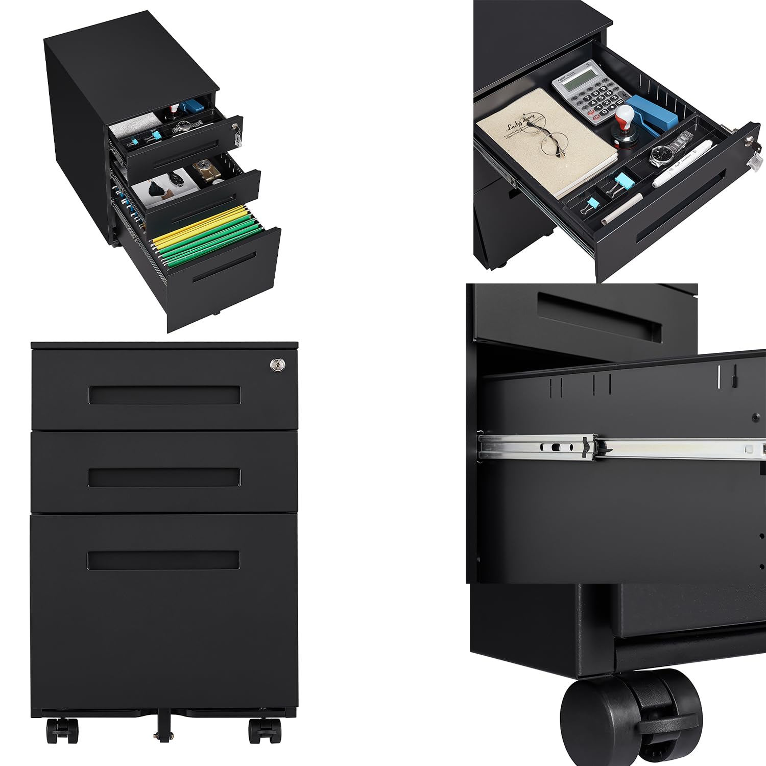 Gustonhon 3-Drawer Mobile File Cabinets Rolling Metal Filing Cabinet for Legal & Letter File Anti-tilt Design with Lock Under Desk Office Drawers Fully Assembled Except Casters (Matt Black)