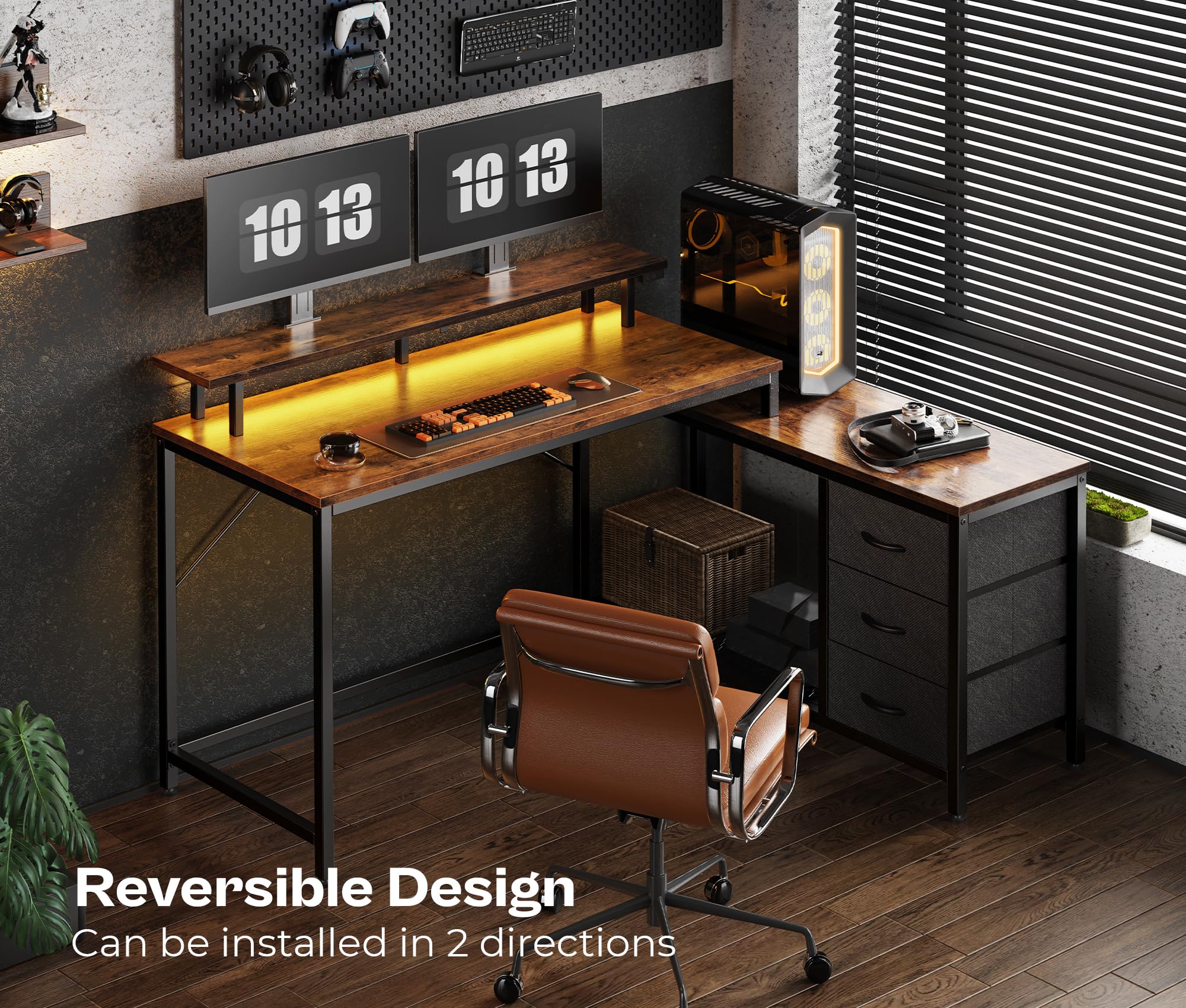 Huuger Reversible L Shaped Computer Desk with Drawers, Gaming Desk with LED Lights and Power Outlets, Office Desk with Storage, Corner Desk with Monitor Stand, for Home & Office, Rustic Brown